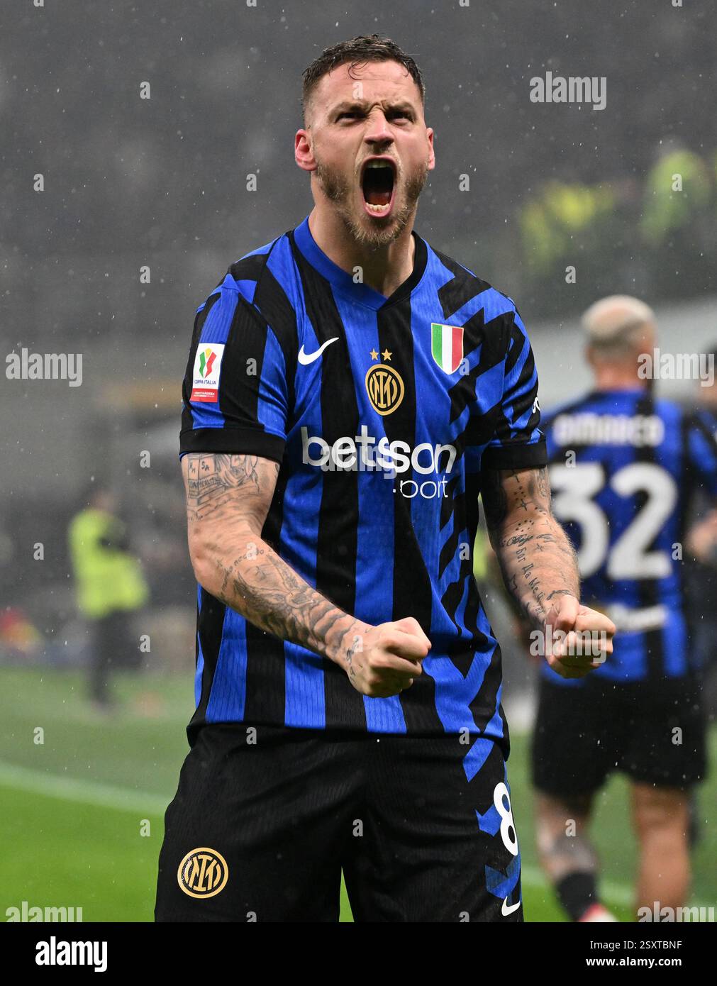 Milan, Italy. 25th Feb, 2025. Inter Milan's Marko Arnautovic celebrates ...