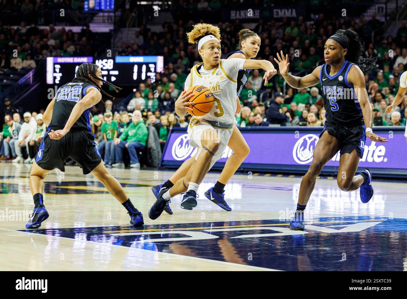 Notre Dame guard Hannah Hidalgo (3) drives as Duke guard Oluchi ...
