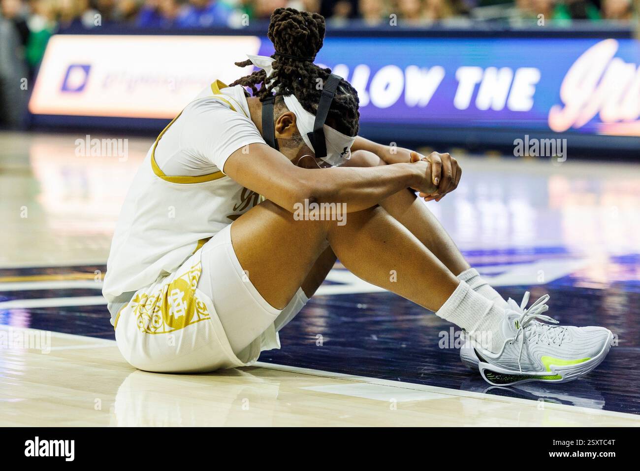 Notre Dame forward Liatu King (20) is hurt during the first half of an ...