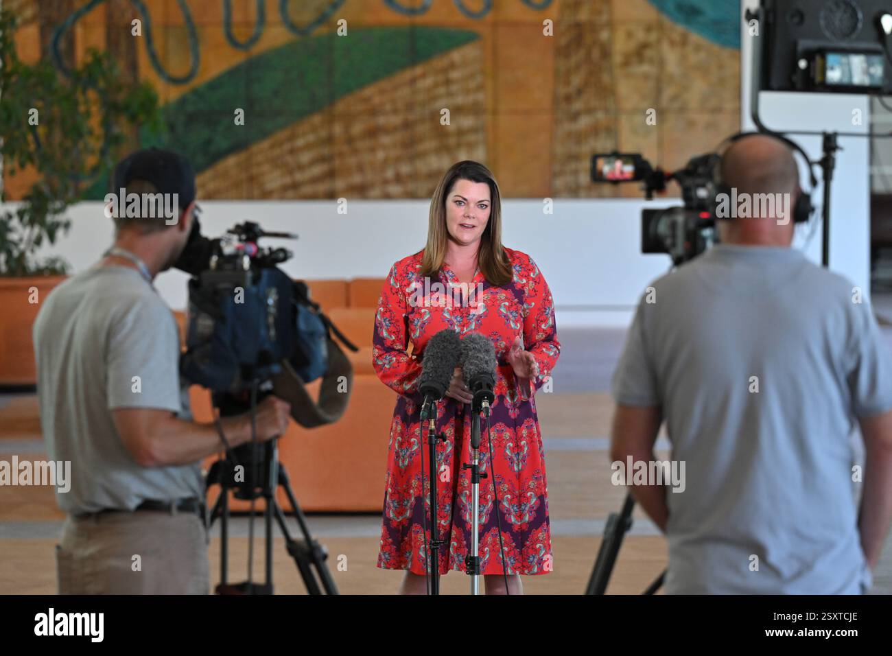 Greens Senator Sarah Hanson-Young at a press conference at Parliament ...