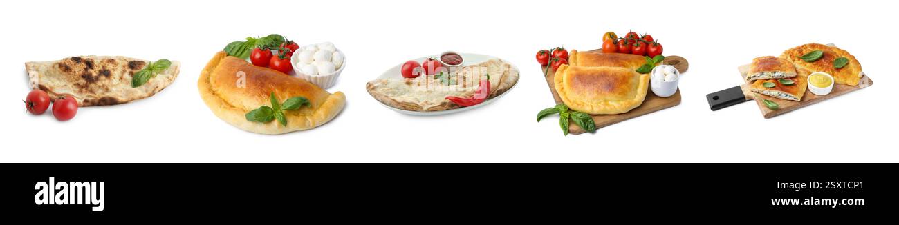 Different delicious calzones isolated on white, set Stock Photo - Alamy