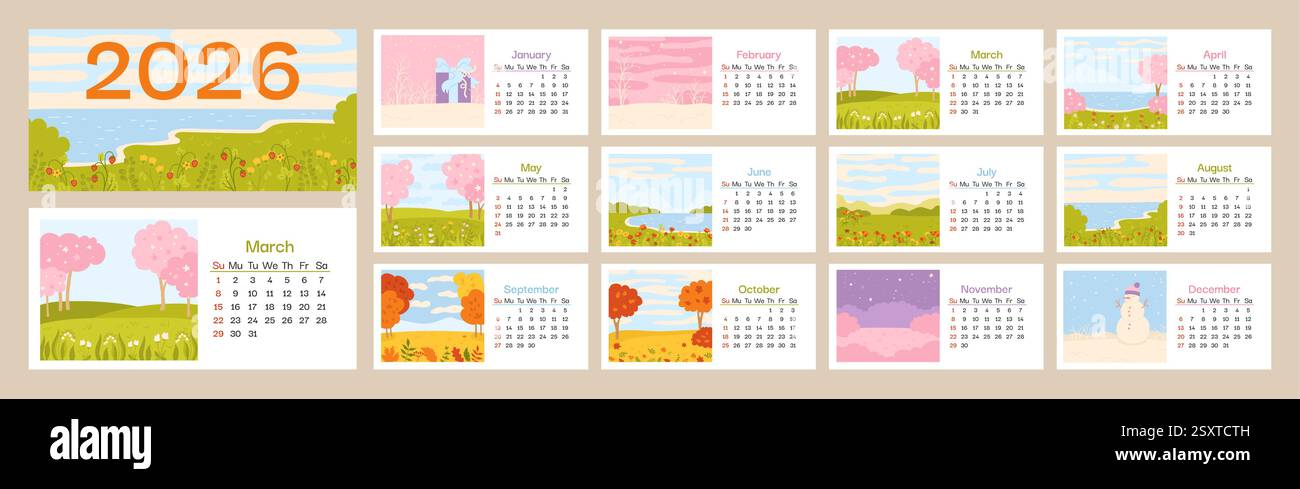Calendar 2026 minimalist landscape natural of four seasons. Planner ...
