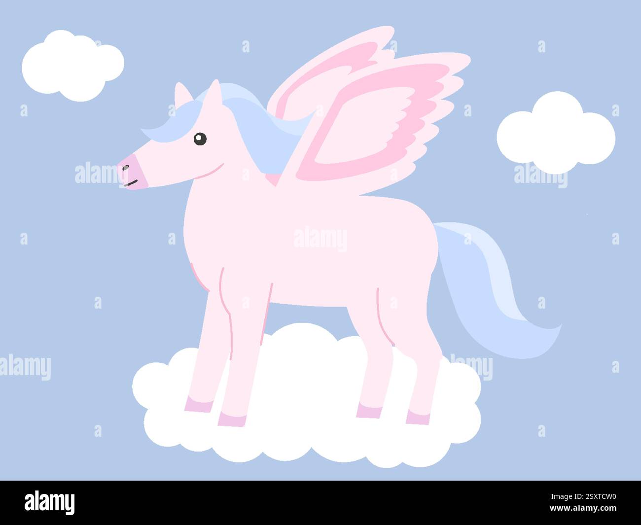 Flat cartoon illustration of a pink pegasus with blue hair standing on ...