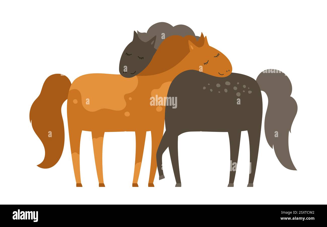 Pair of horses hugging cartoon vector illustration. Comic purebred wild ...