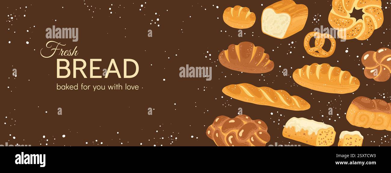 Bread loaf and pastry products cartoon template background. Poster with ...
