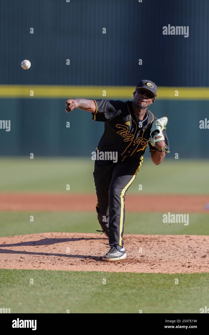 February 25, 2025: Derrell Fletcher (21) Grambling pitcher releases the ...