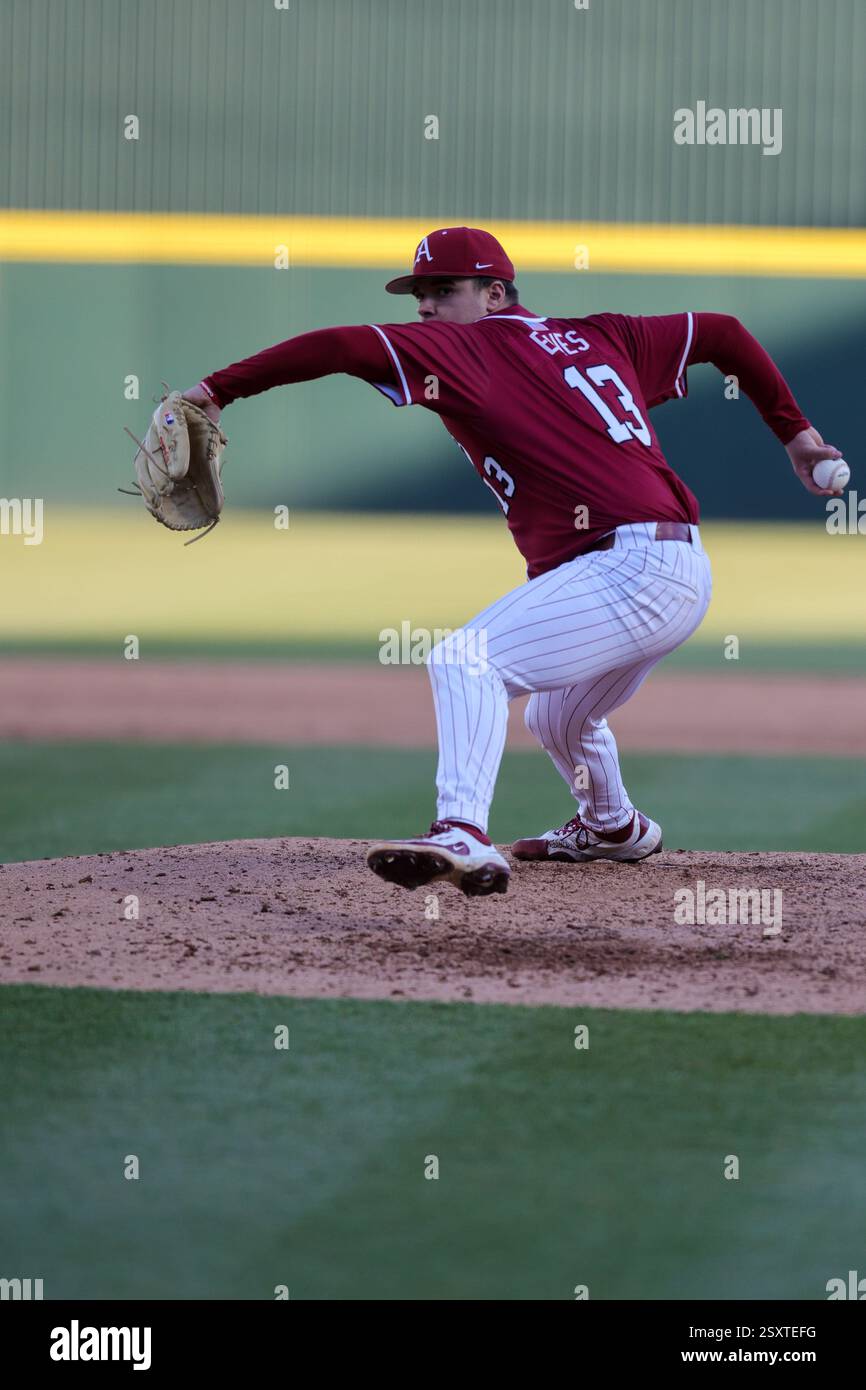 February 25, 2025: Arkansas pitcher Steele Eaves (13) prepares to ...