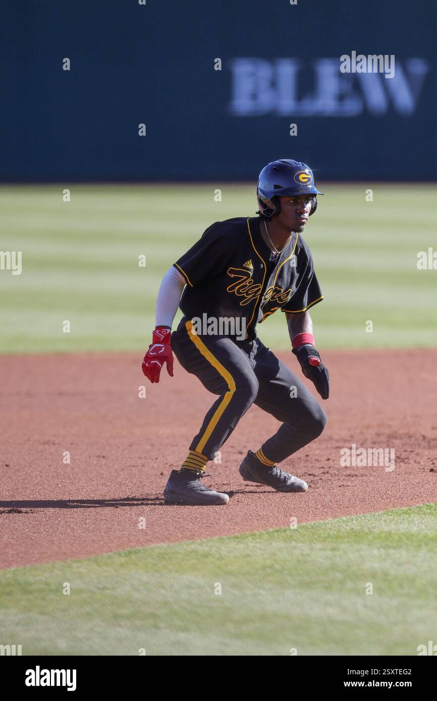 February 25, 2025: Tigers base runner Nyan Hayes (2) works to extend ...