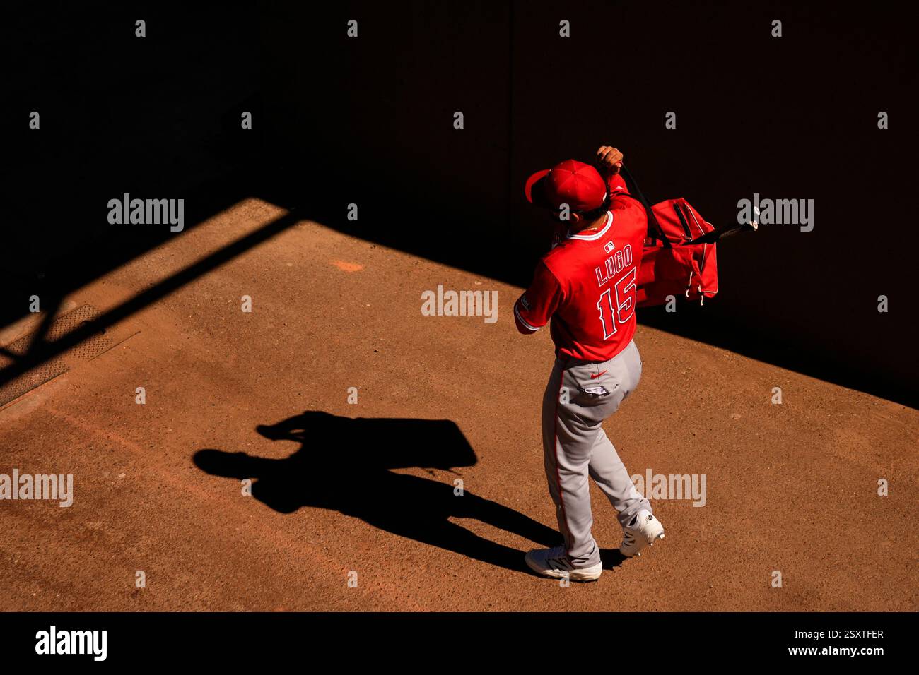 Los Angeles Angels left fielder Matthew Lugo arrives for a spring ...
