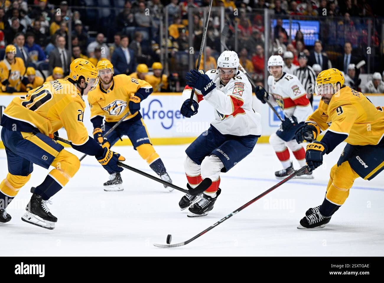 Nashville Predators left wing Filip Forsberg (9) gets his stick on a ...