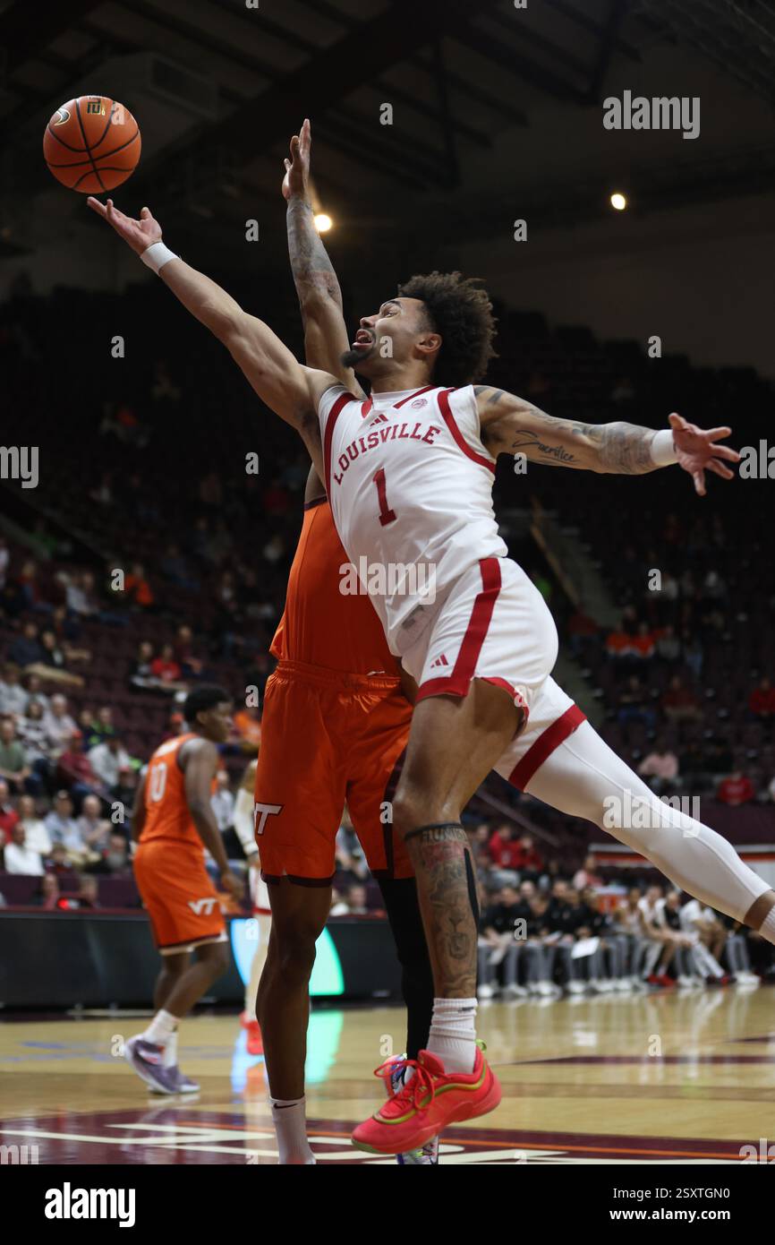 Blacksburg, VA, USA. 25th Feb, 2025. Louisville Cardinals guard J'Vonne ...