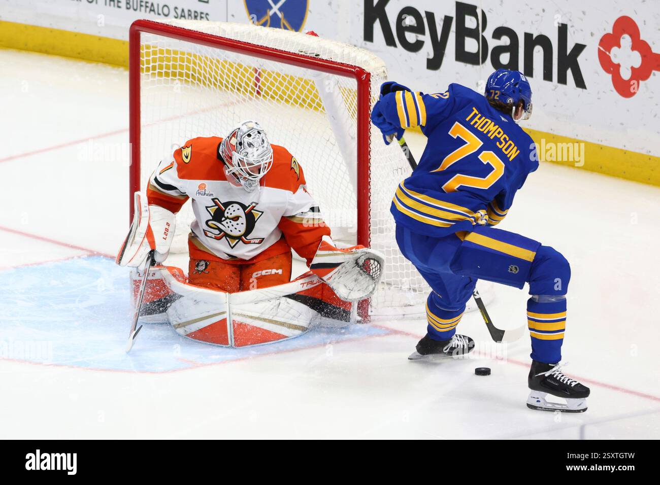 Anaheim Ducks goaltender Lukas Dostal stops Buffalo Sabres center Tage ...