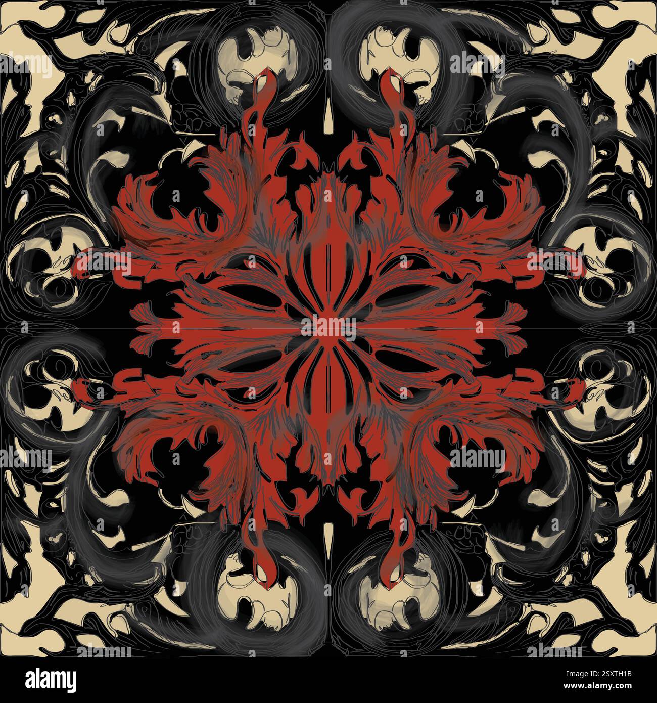 Red, black, and tan ornamental leaf pattern, seamless tile background ...