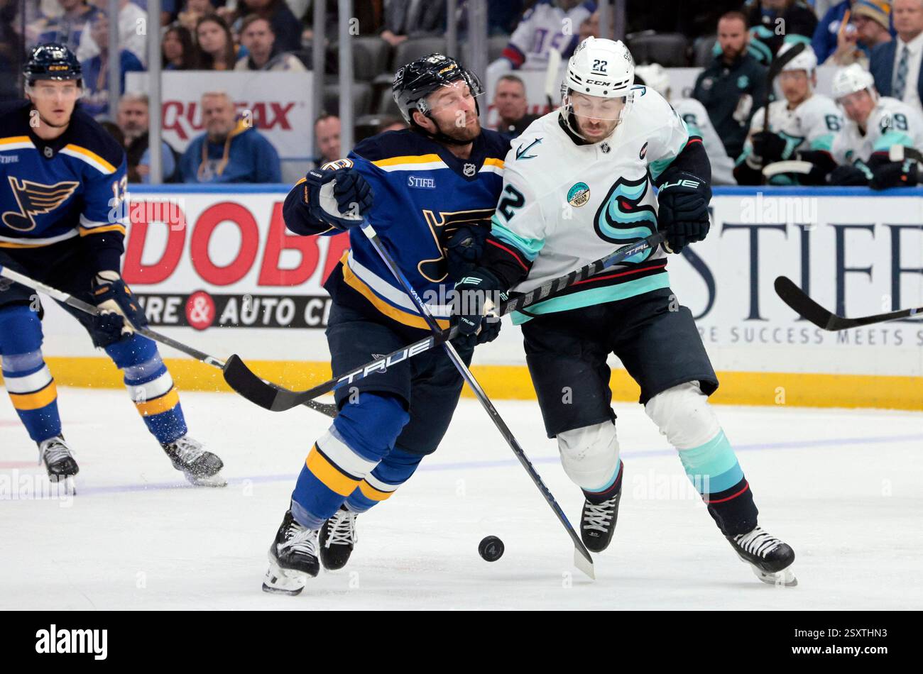 St. Louis Blues left wing Nathan Walker (26) shoves Seattle Kraken ...