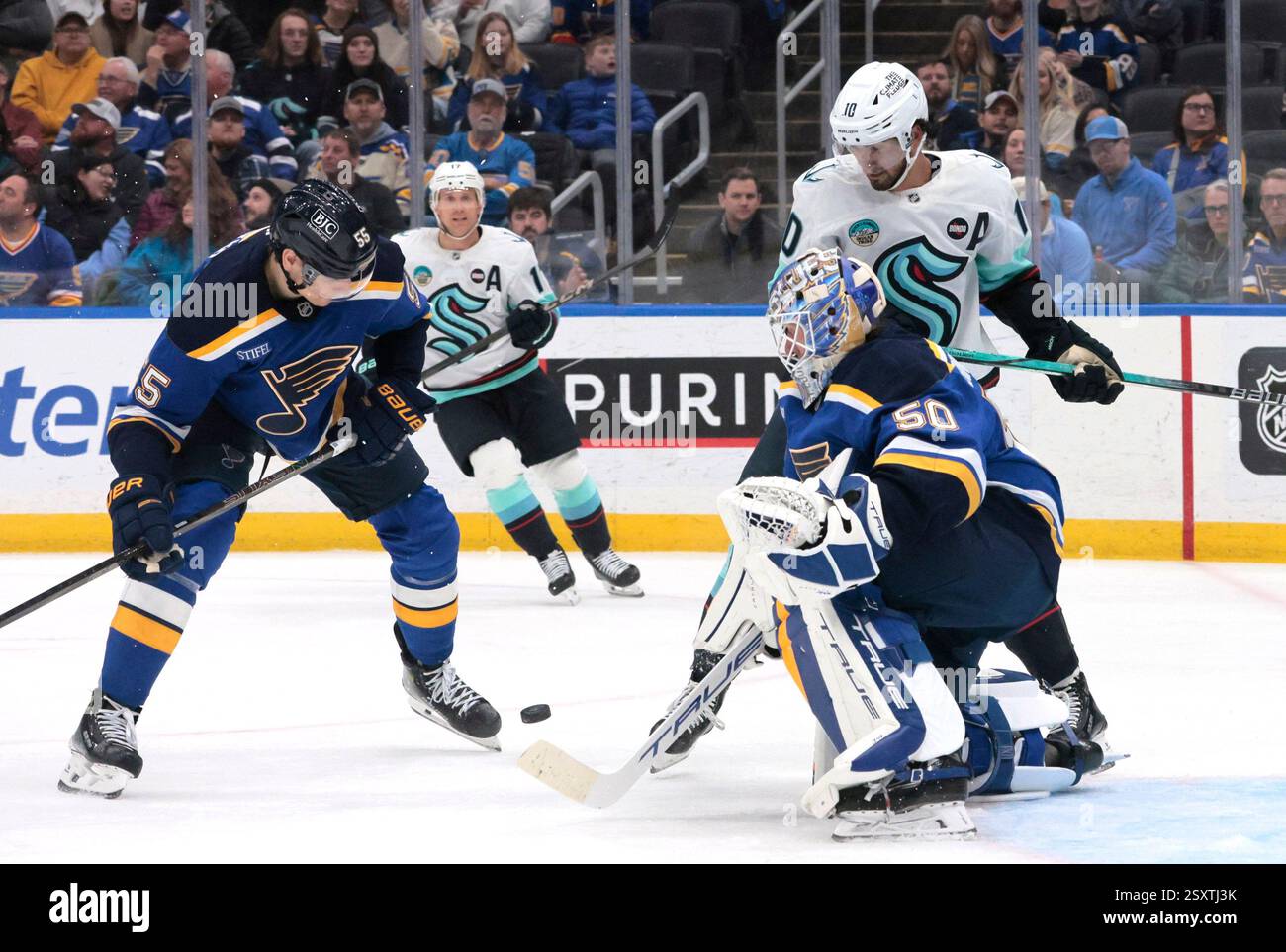 St. Louis Blues goaltender Jordan Binnington (50) and defenseman Colton ...
