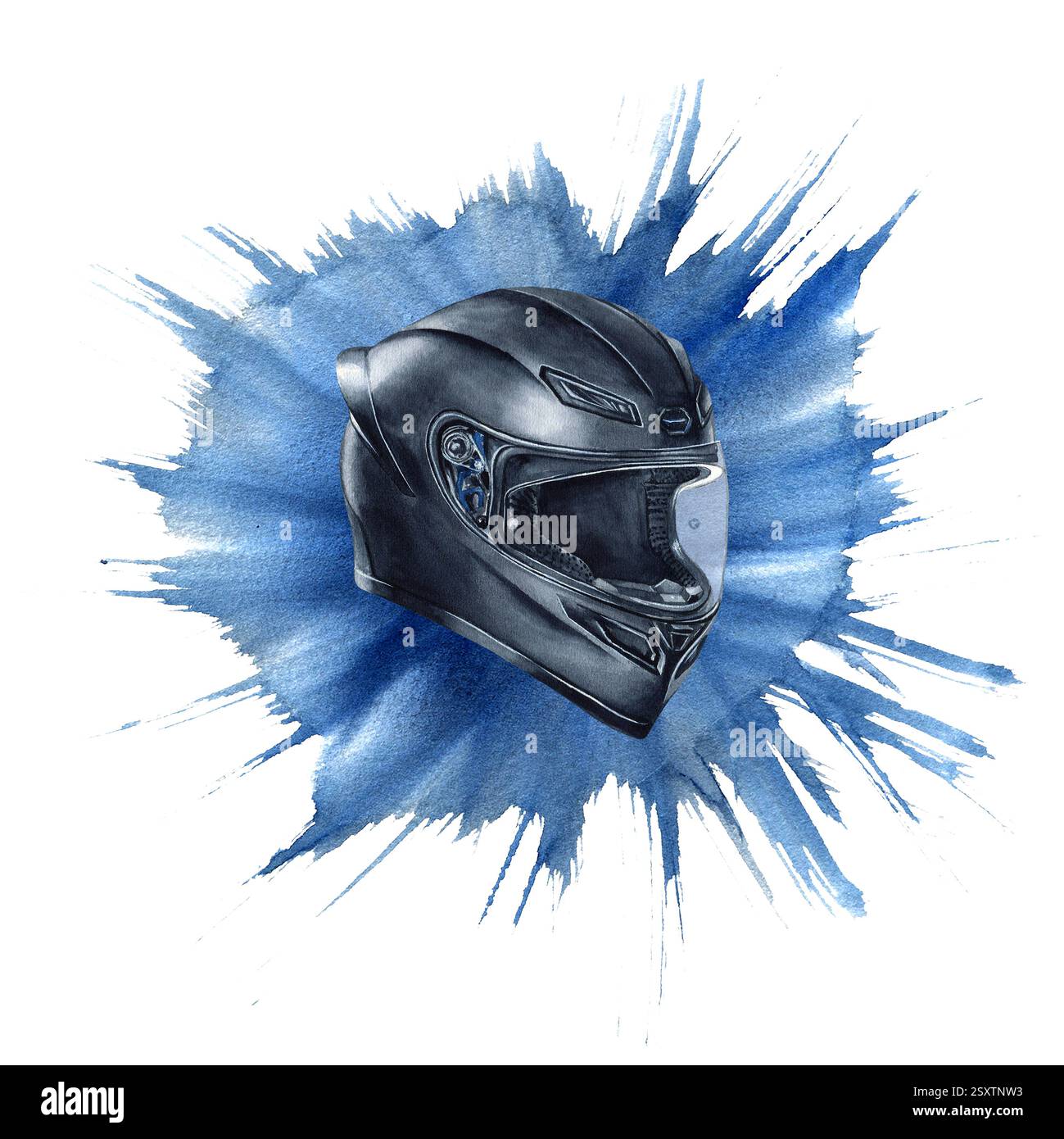 Motorcyclist helmet with transparent visor on blue watercolor splash ...