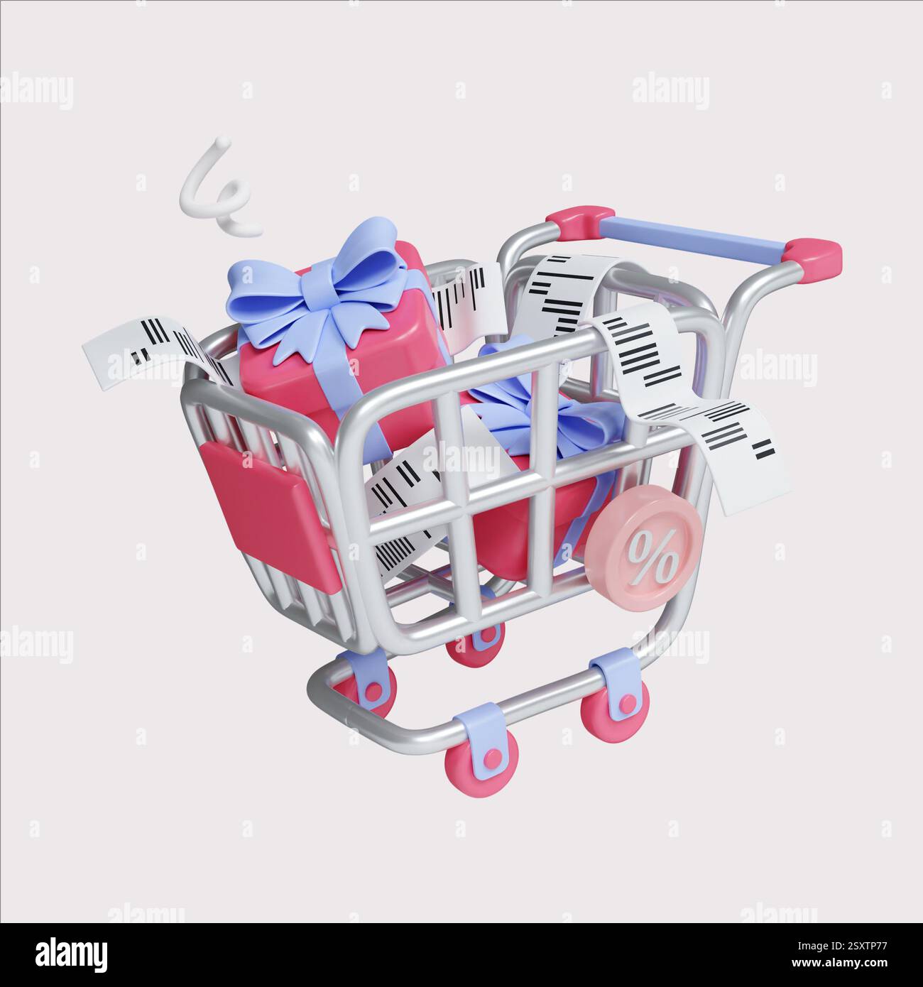 Colorful shopping cart filled with discount items and gift boxes, 3D ...
