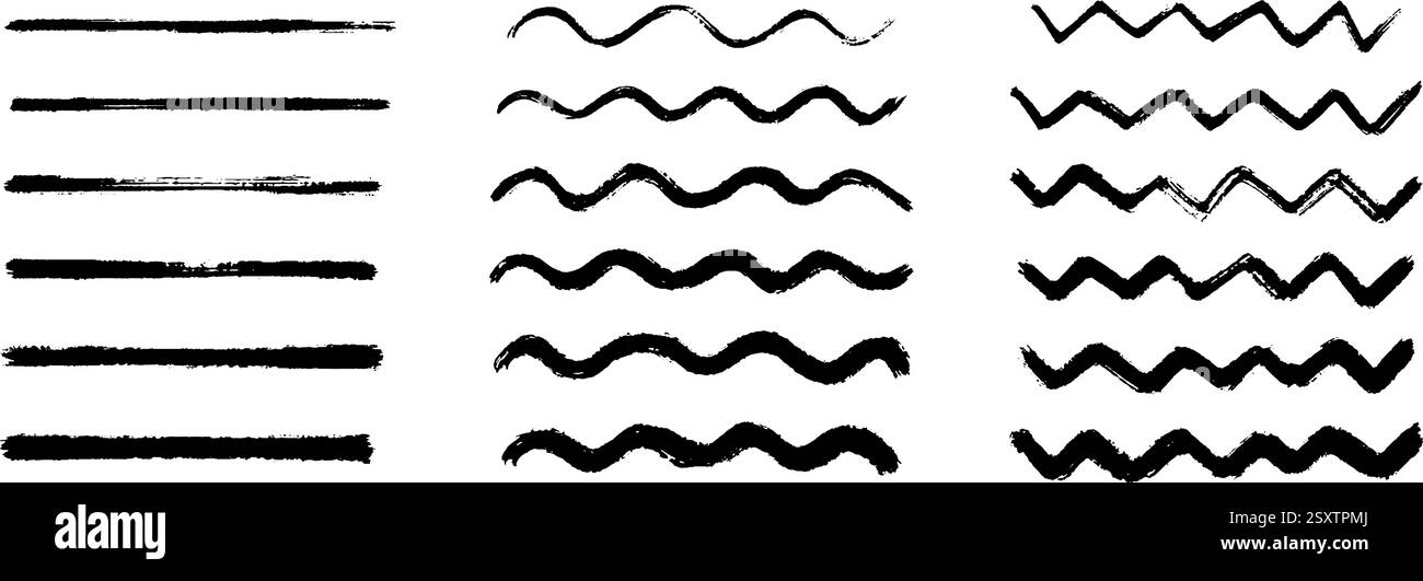 Straight, zigzag and wavy paint line set. Thin to thick sketch brush ...