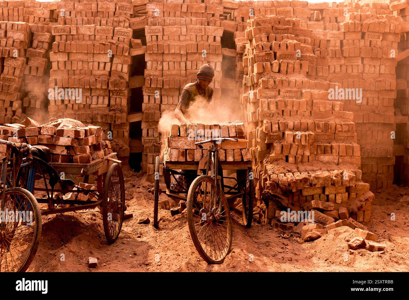 A brick worker is aligning bricks on a van Stock Photo - Alamy