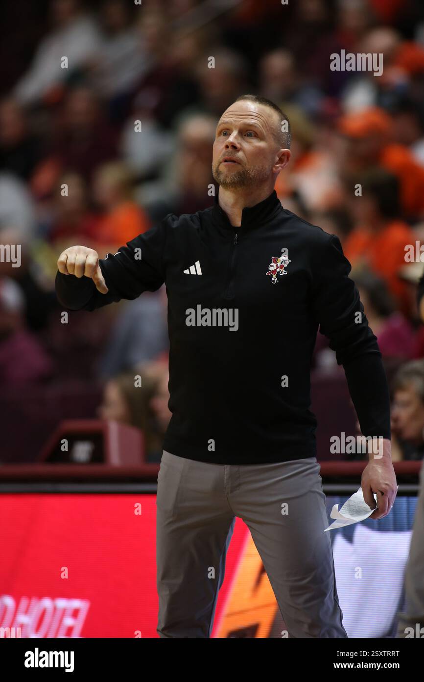 Blacksburg, VA, USA. 25th Feb, 2025. Louisville Cardinals head coach ...