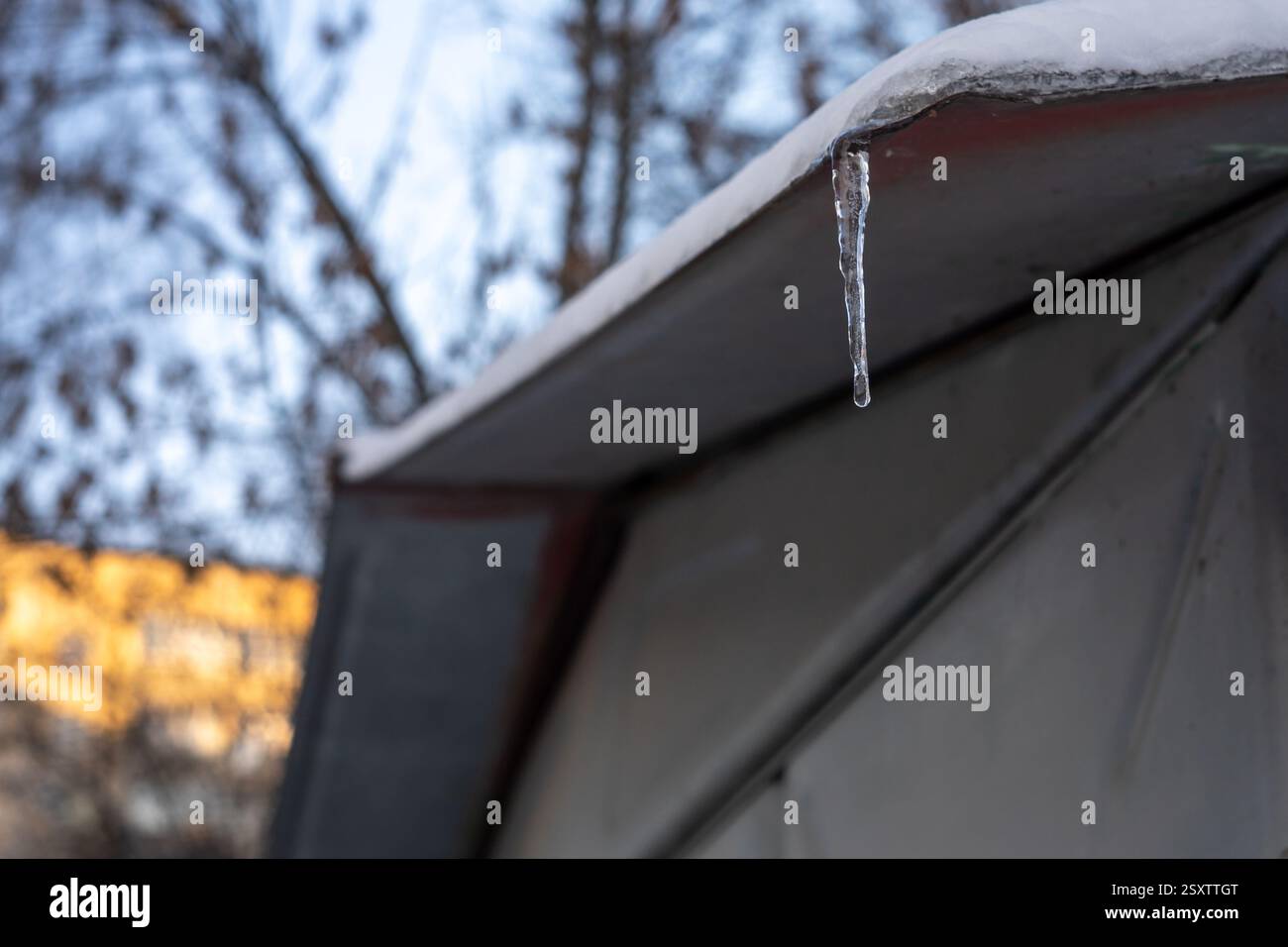 A clear icicle hangs from the edge of a roof, illuminated by the low ...