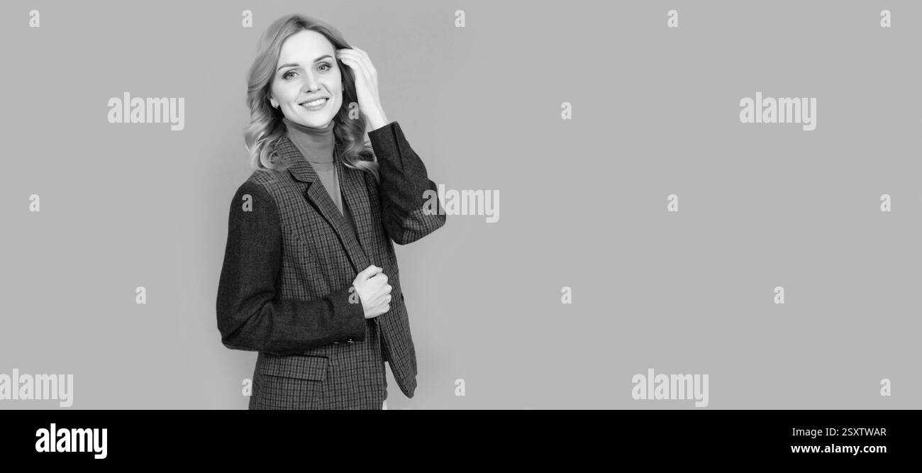 Woman portrait, isolated header banner with copy space. cheerful blonde ...