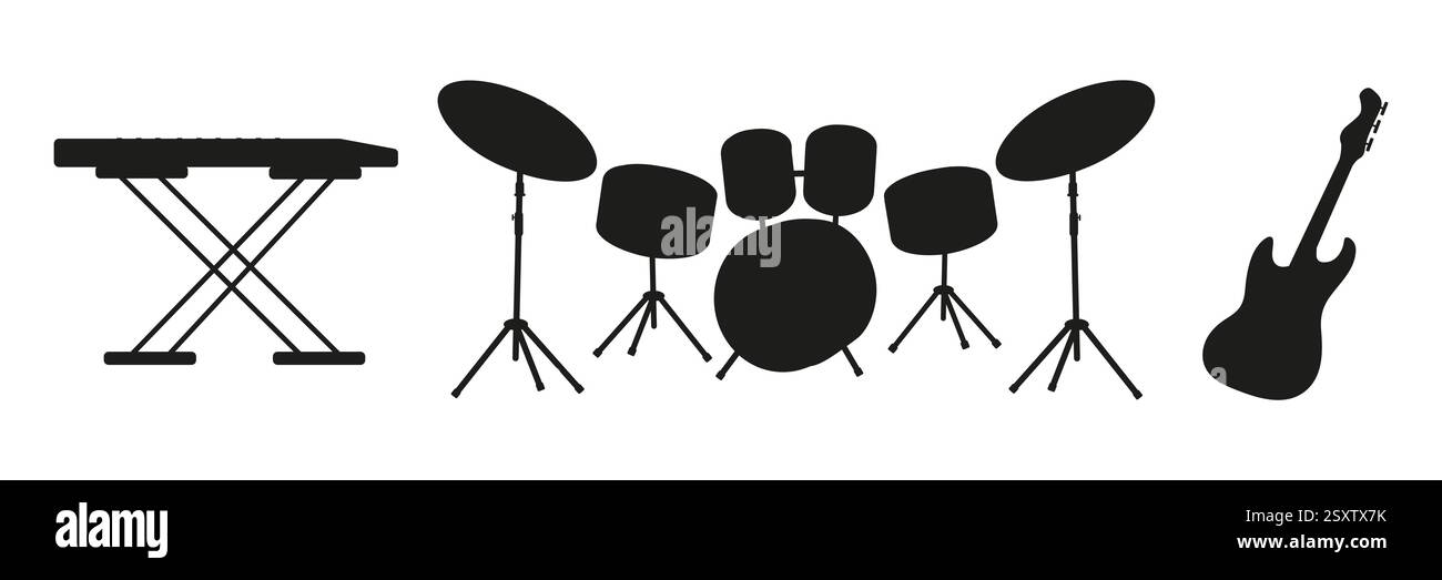 Musical instruments in silhouette showing a keyboard, drums, and guitar ...
