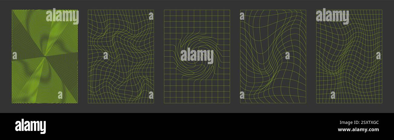 Y2k style warped grid background set with neon green lines on dark ...