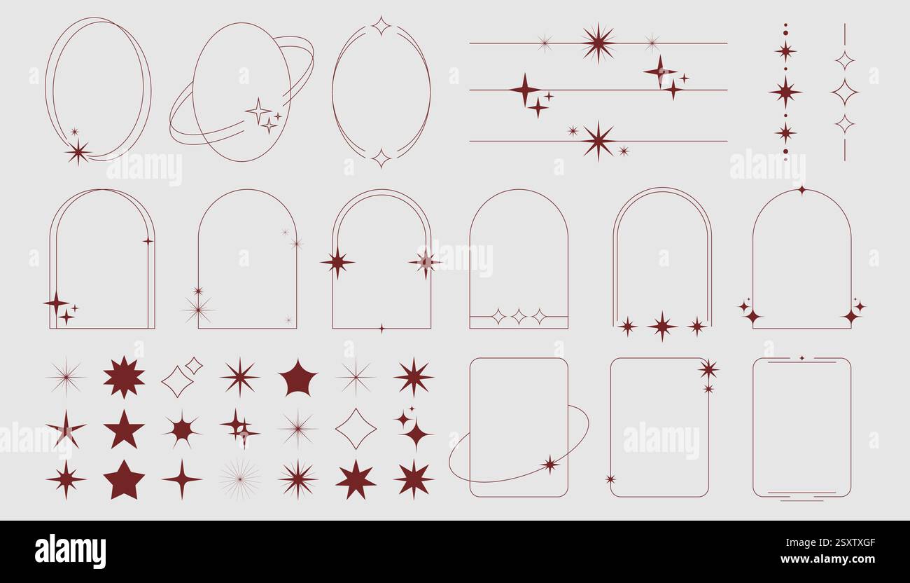 Y2k frame collection with star decorations and retro geometric borders in dark red. Minimalist ...
