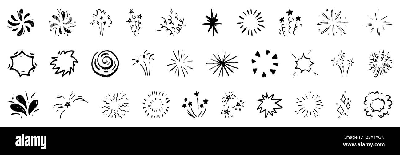 Crayon scribble firework explosion doodles set with hand drawn bursts ...
