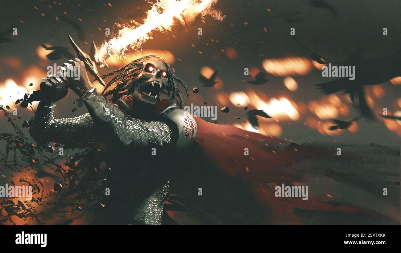 A terrifying undead knight with glowing red eyes and a flaming sword ...