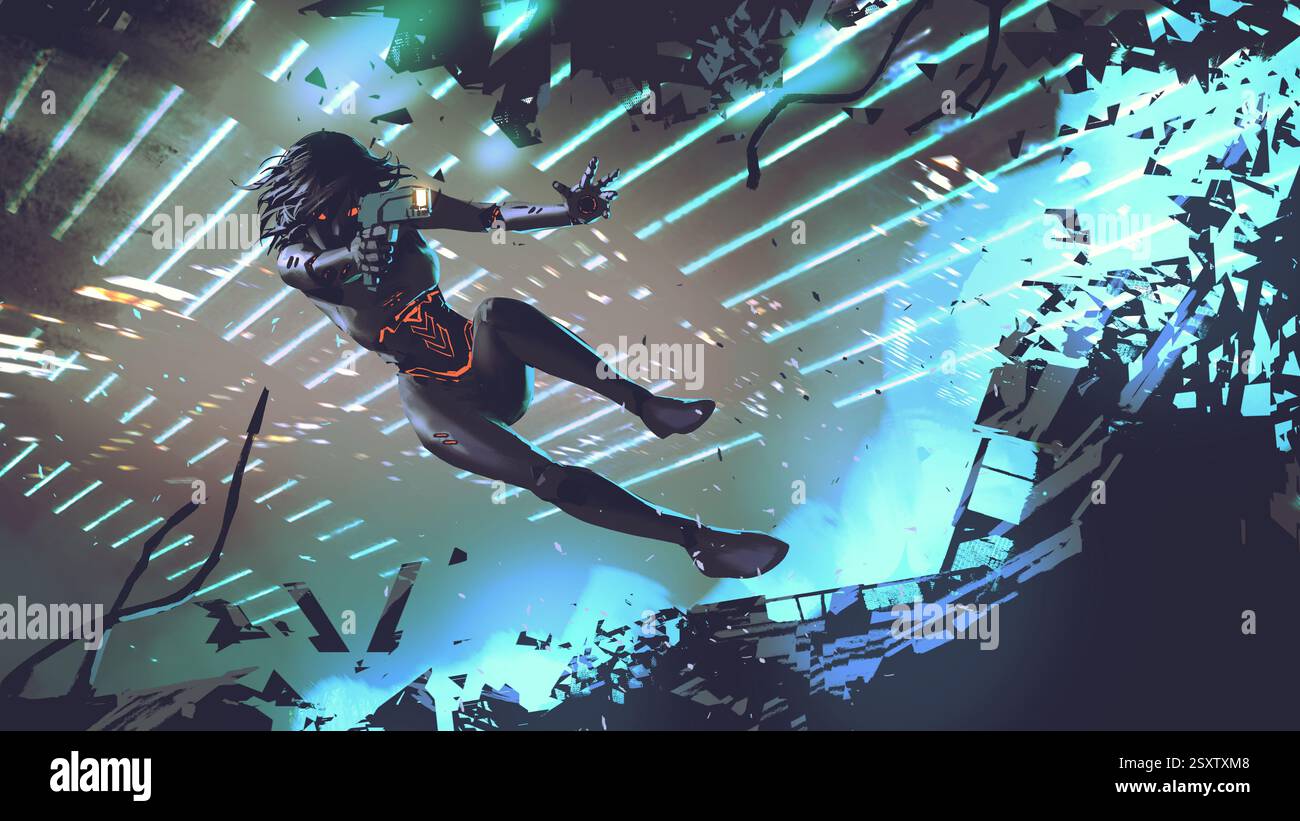 A high-tech cyborg woman in sleek armor fires a gun while leaping ...