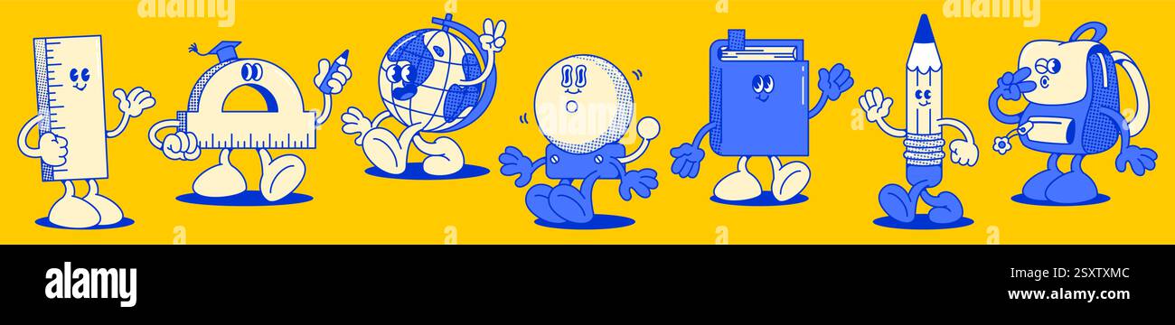 Groovy school mascots set isolated on yellow background. Vector cartoon ...