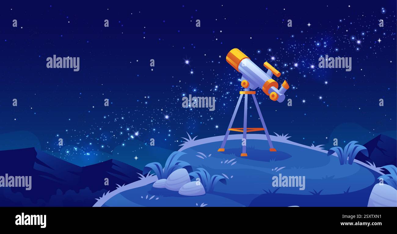 Cartoon telescope on tripod on starry space background. Deep blue night ...
