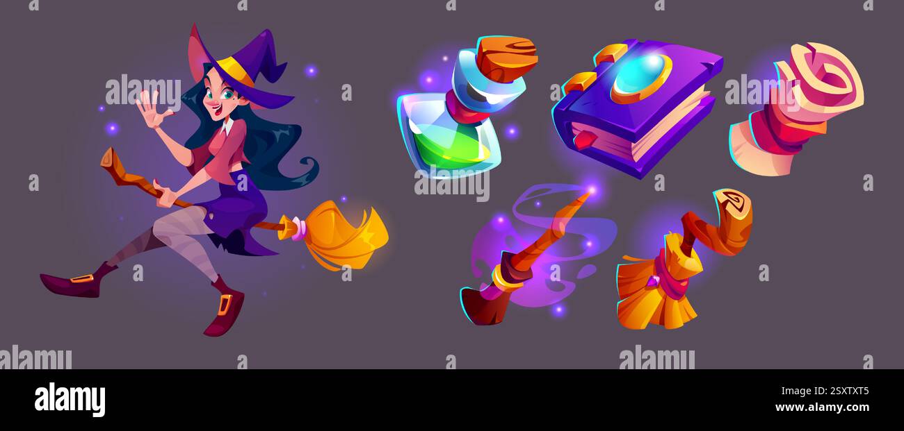 Game witch character with magical icons. Cheerful spellcaster riding ...