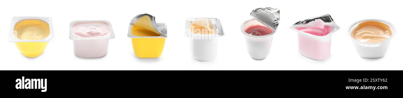 Set of different yogurts on white background Stock Photo - Alamy