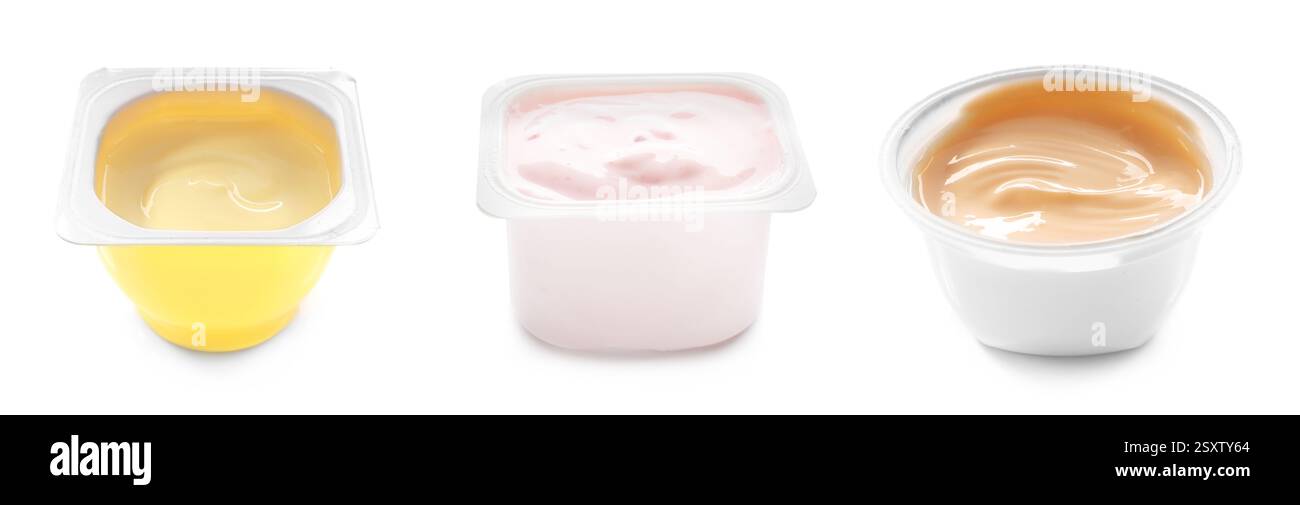 Set of different yogurts on white background Stock Photo - Alamy