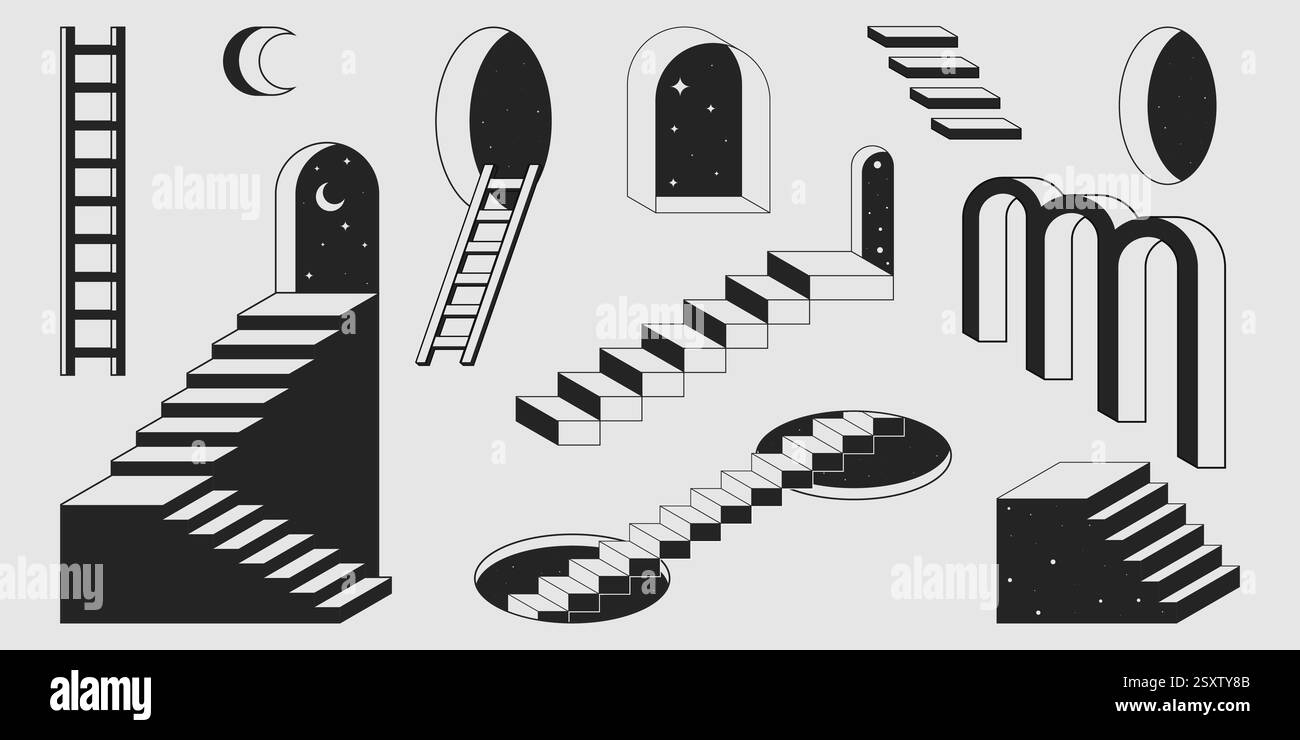 Retro ladder and staircase set with geometric cosmic shapes. Minimalist ...