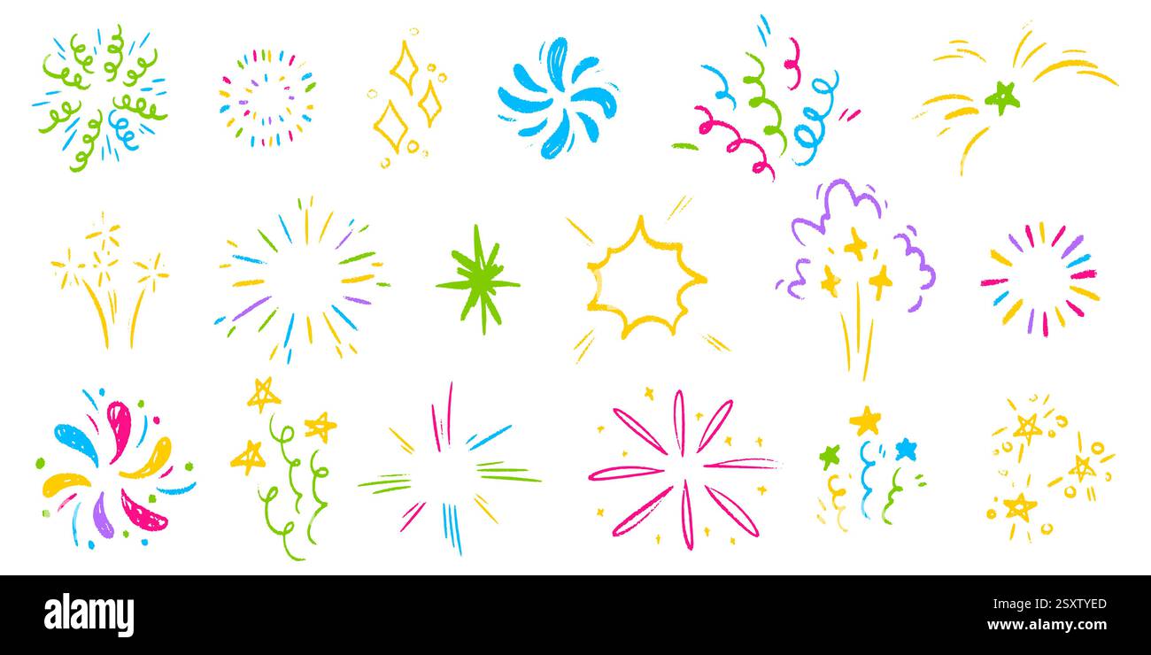 Crayon and scribble firework set of festive elements - doodle bright ...