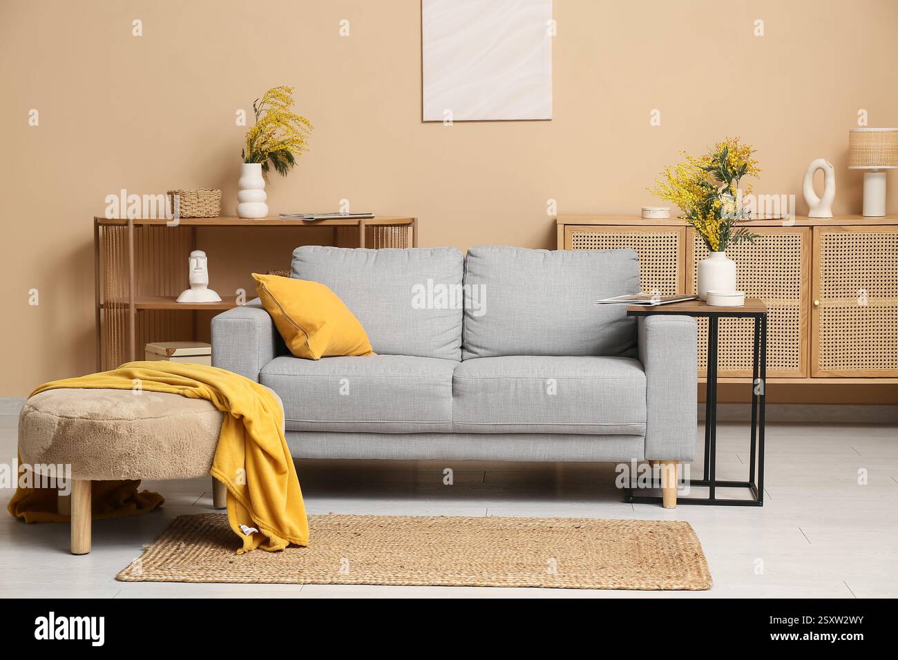 Interior of living room with sofa, pouf and mimosa flowers in vases ...