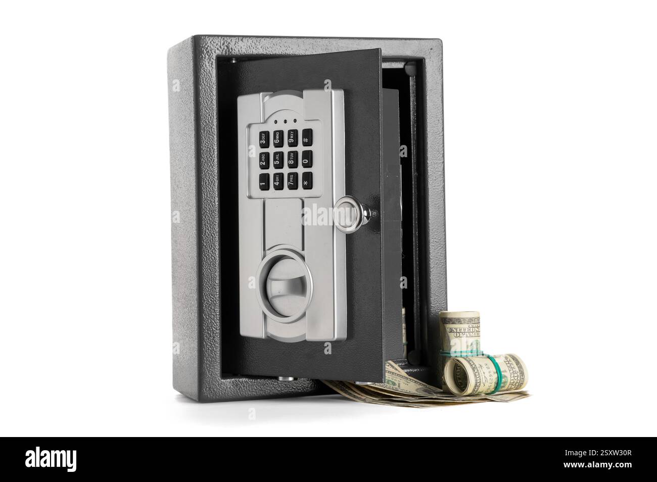 Open modern safe box with money isolated on white background Stock ...