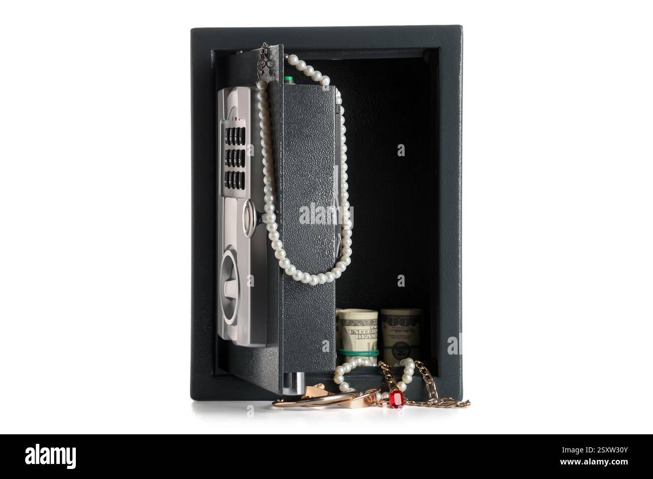 Open modern safe box with money and jewelry isolated on white ...