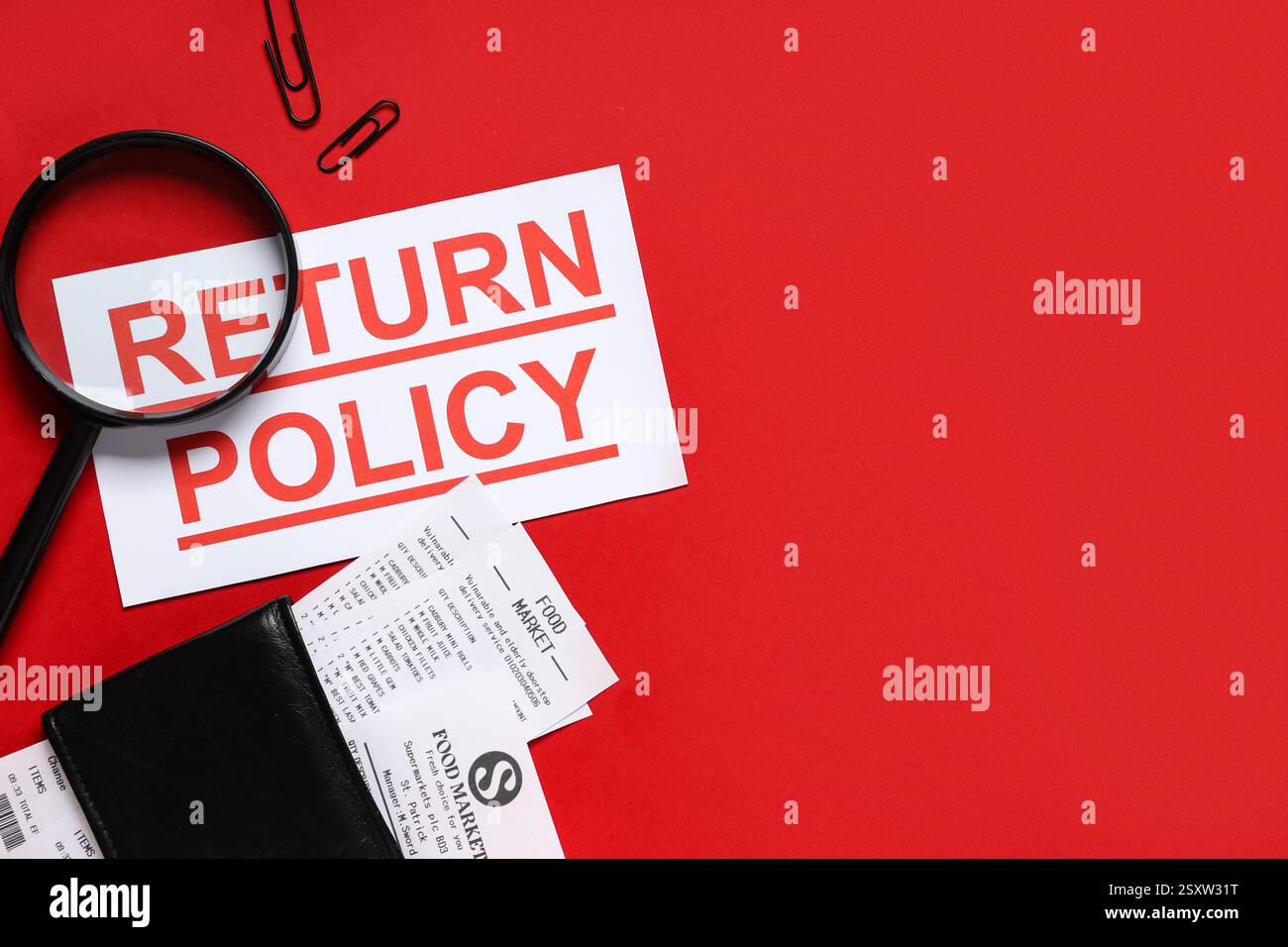 Paper with text RETURN POLICY, magnifier and receipts from food market ...