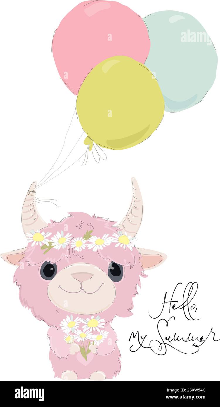 Cute Pink Bull with Color Balloons and Daisies Stock Vector Image & Art ...