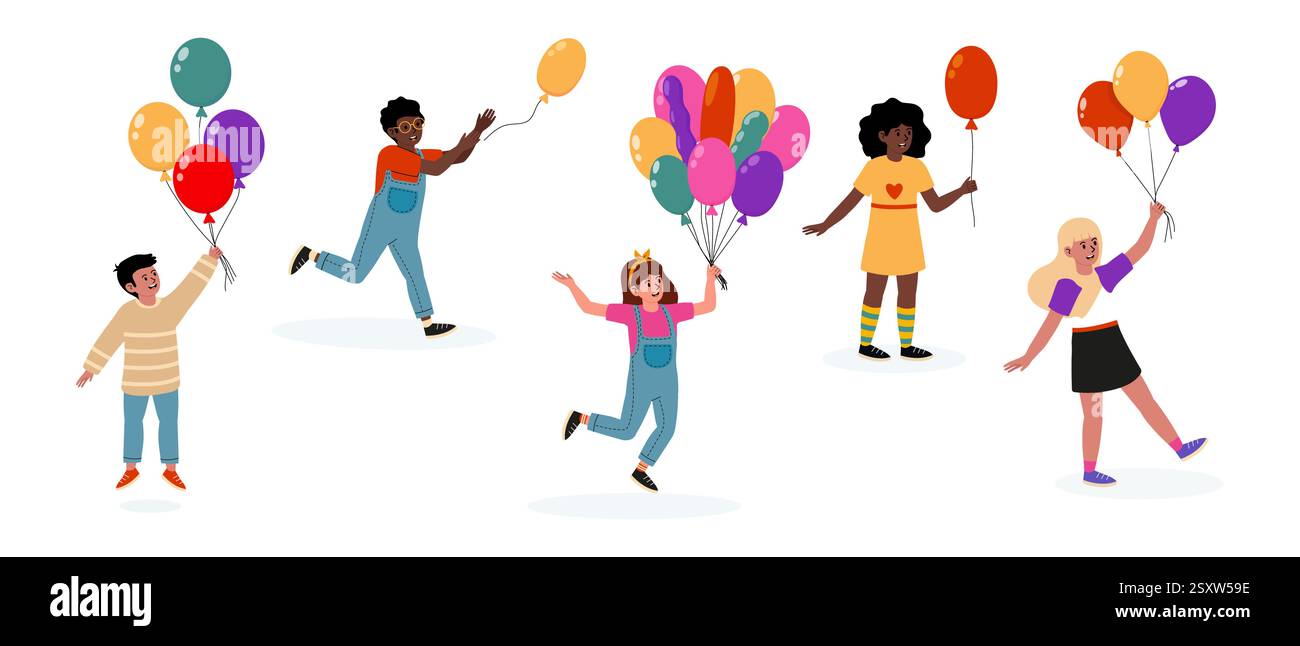 Children celebrate joyfully with colorful balloons in a fun outdoor ...