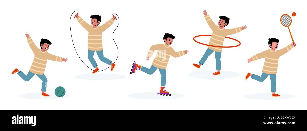 Child engaging in playful activities indoors including skipping ...