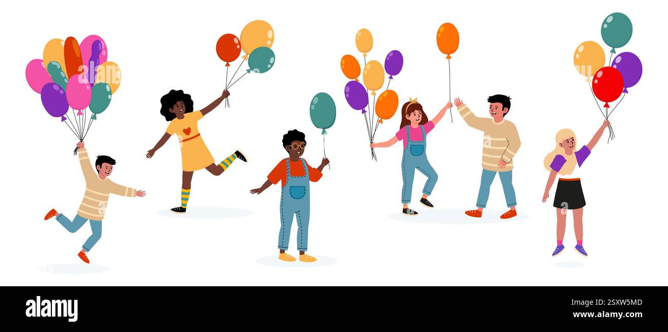 Kids celebrating with colorful balloons in a cheerful outdoor gathering ...