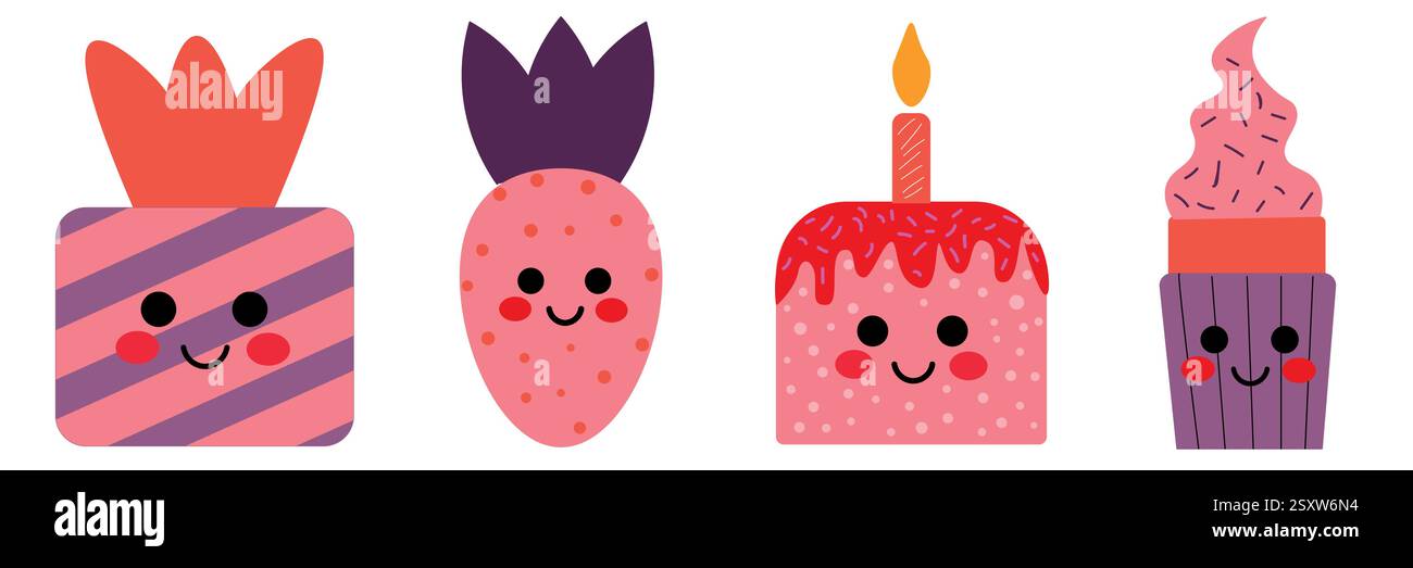 Cute Cartoon Sweets Featuring Cupcake, Strawberry, Cake and Gift Box ...