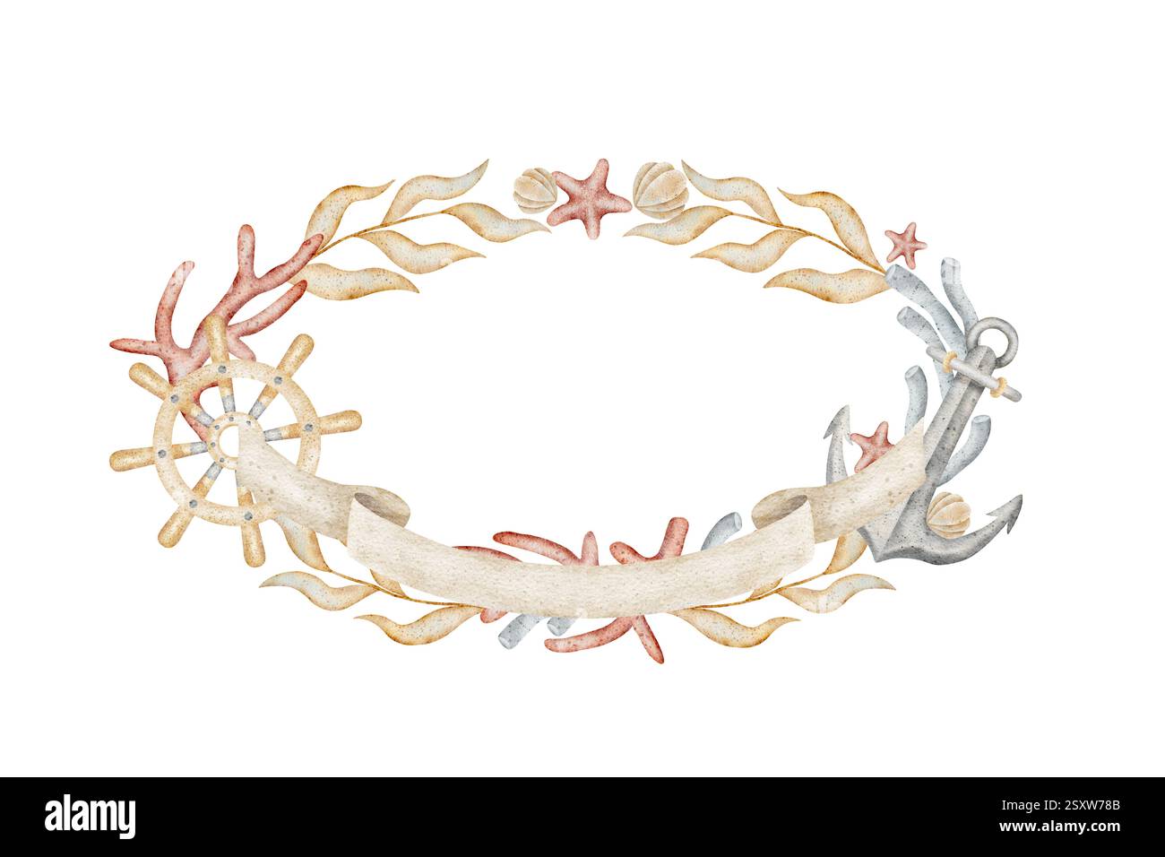 Watercolor frame anchor, steering wheel, coral, seaweed, seashells ...