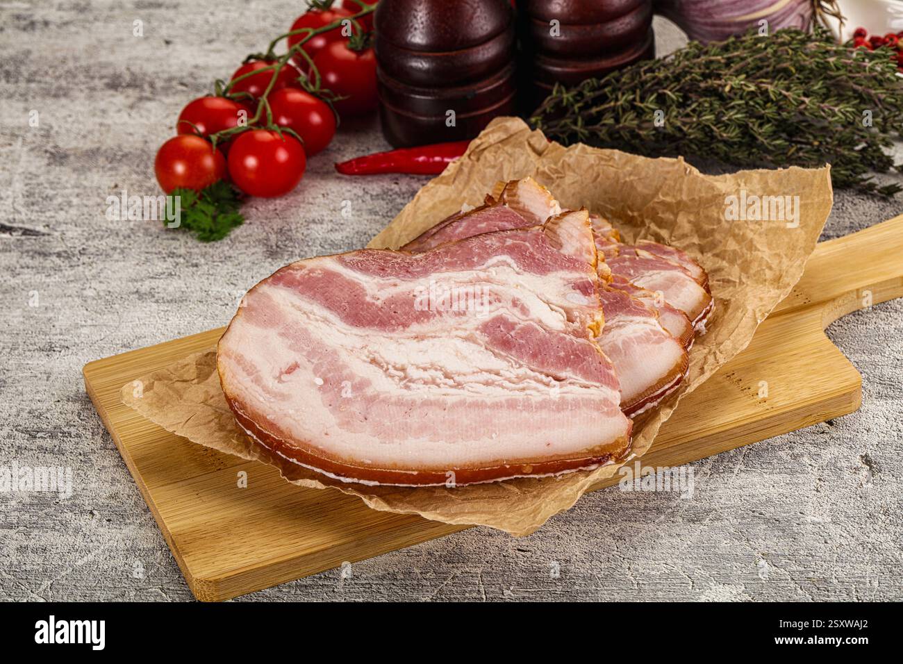 Smoked pork belly slices fat snack Stock Photo - Alamy